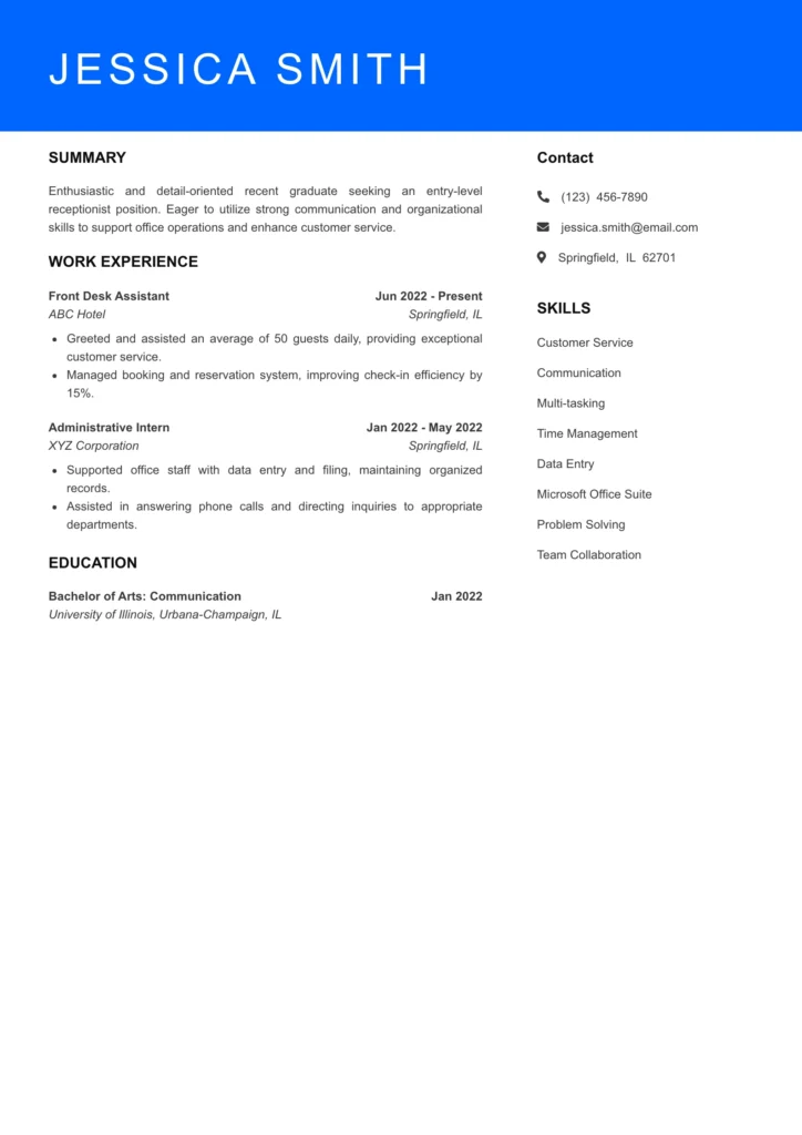 Front Desk Resume Example - Resume Builder Hub